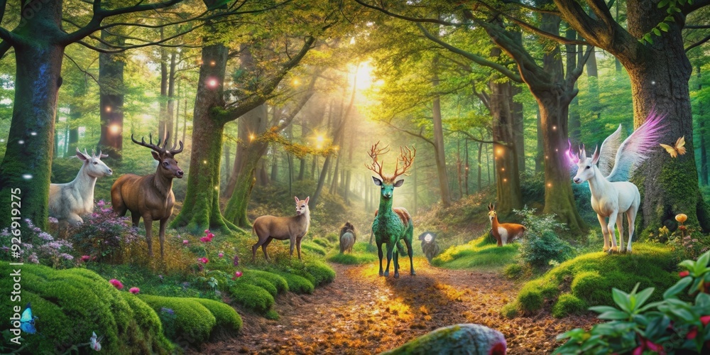 Enchanted forest with mythical creatures in a fantasy realm, fantasy ...