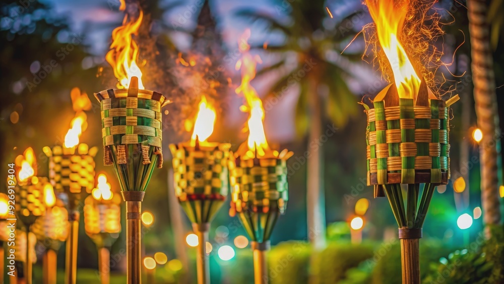 Malay torches and decorative ketupat glowing during Hari Raya Aidilfitri celebration, Hari Raya ...