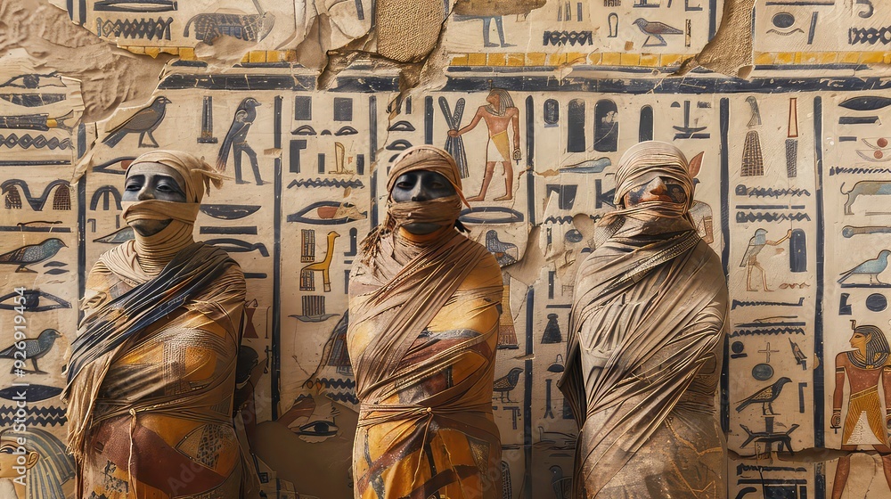Three mummies stand before an ancient Egyptian wall covered with ...