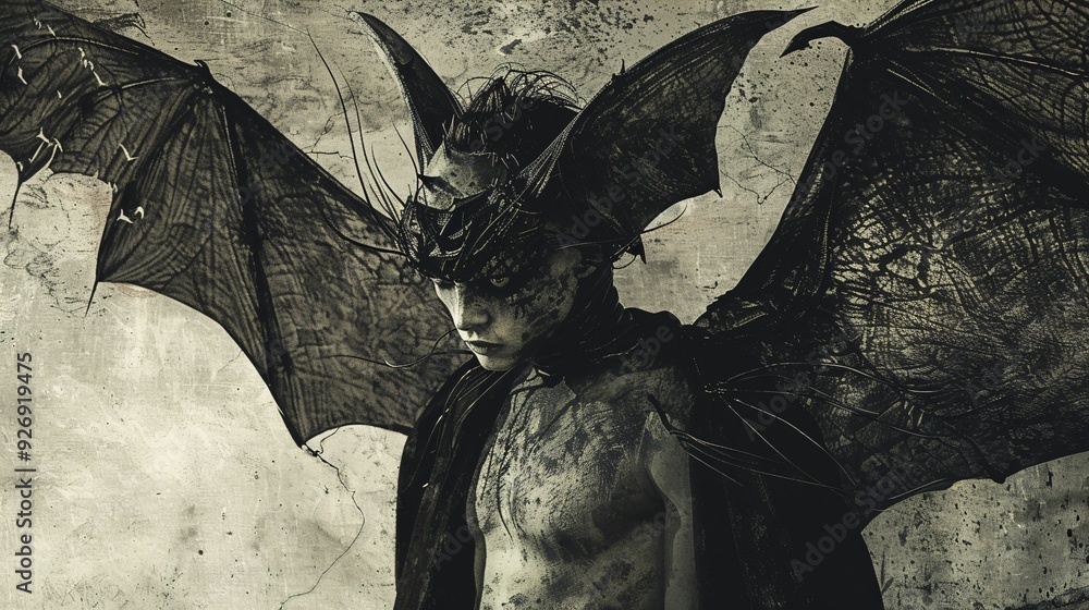 Imaginative depiction of a human with bat wings and pointed ears Stock ...