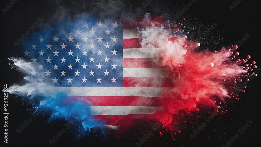 Poster American flag powder explosion background , USA, patriotic, red ...