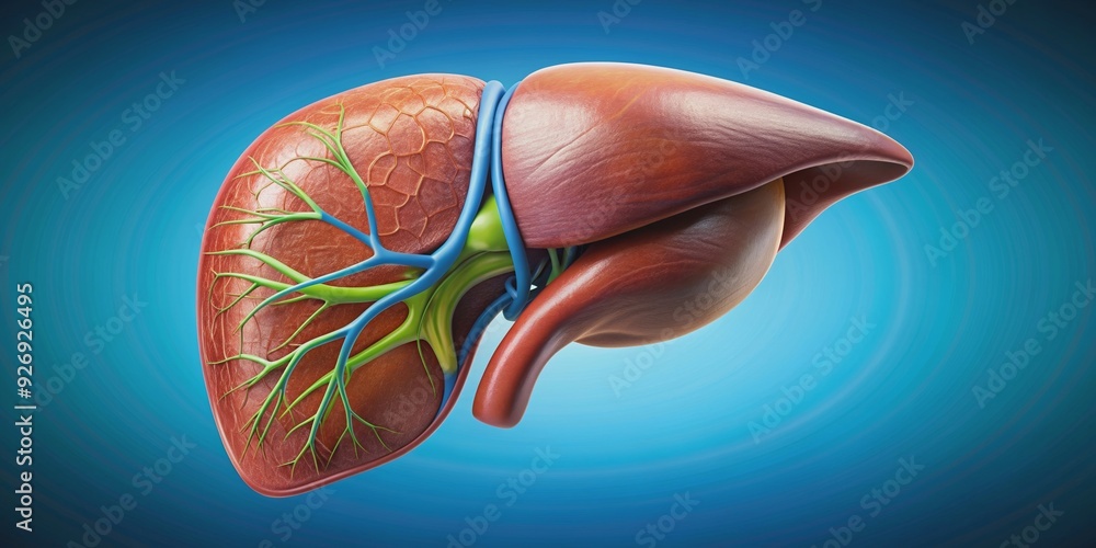 Human liver and gallbladder anatomy depicted in rendering, background ...
