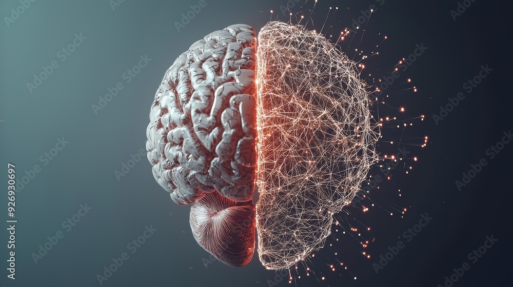 A digital representation of brain, showcasing split design with one ...