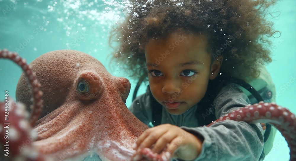Enchanting image of a young child with an octopus, set in an underwater ...