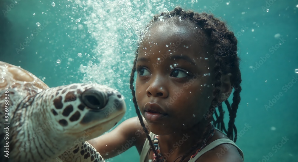 Mesmerizing underwater scene of an African child swimming alongside a ...