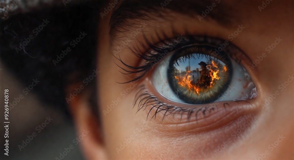 Extreme close up of an eye with a fiery reflection, possibly a child's. This striking image ...