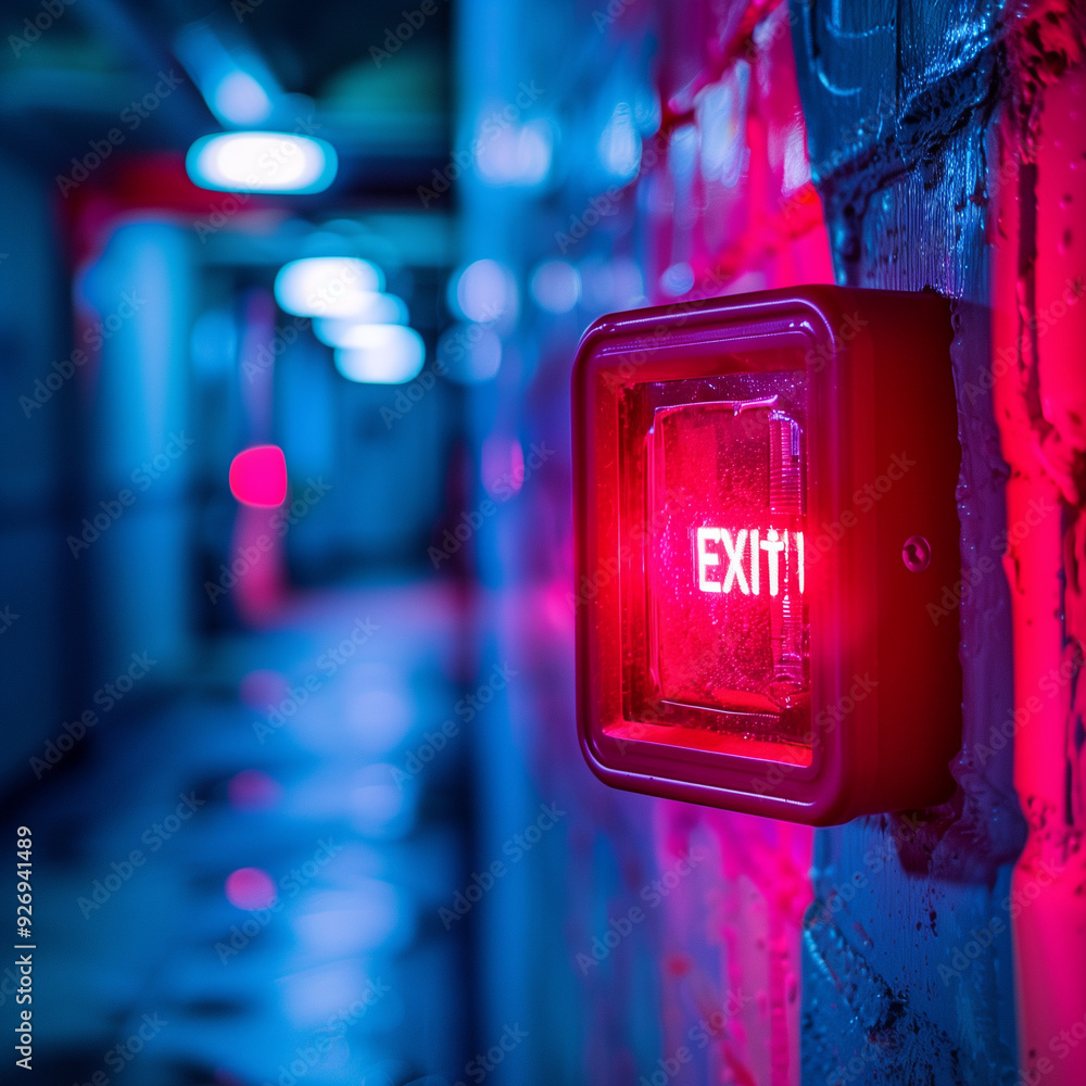 Emergency red light exit alarm on the wall in the building interior ...
