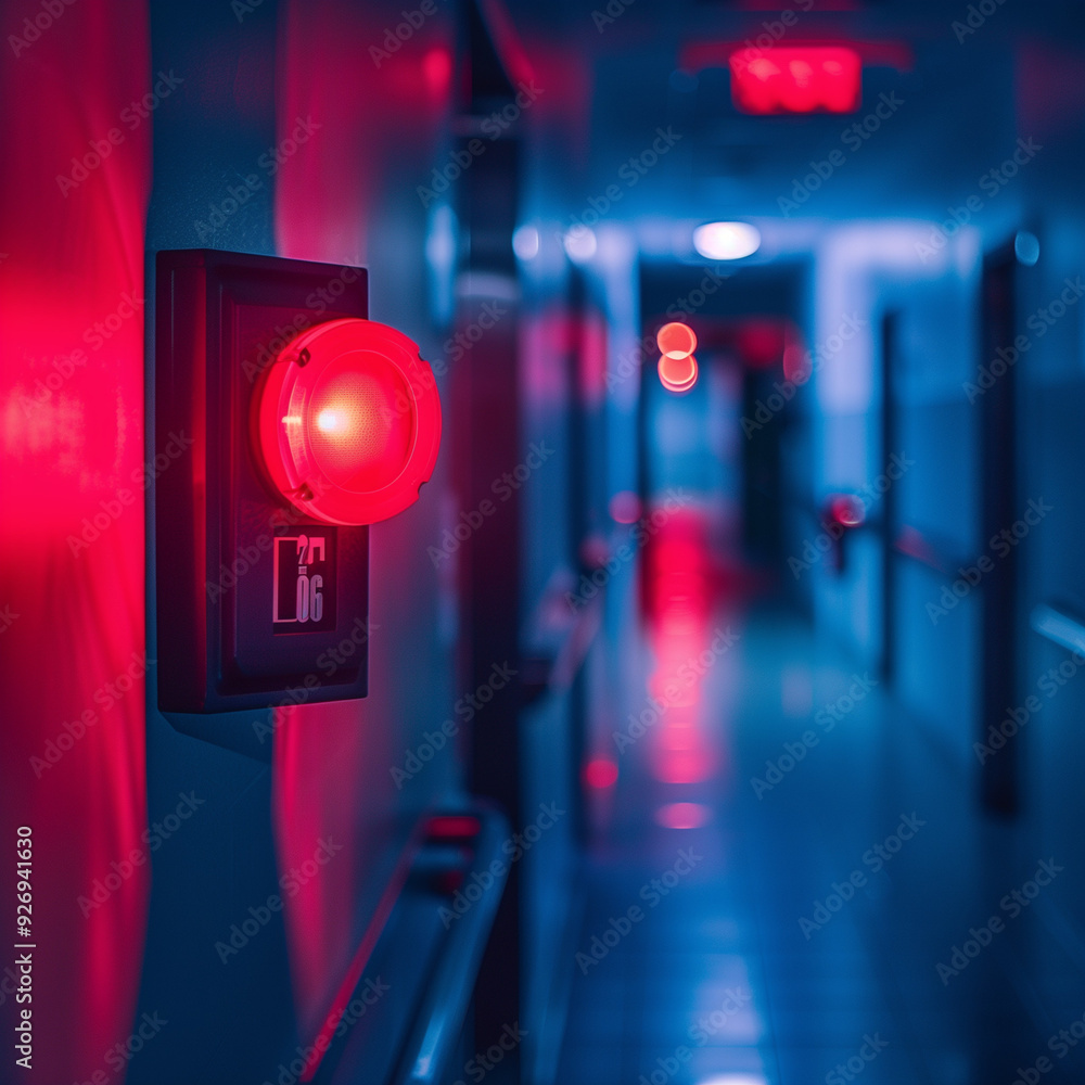Emergency red light exit alarm on the wall in the building interior ...