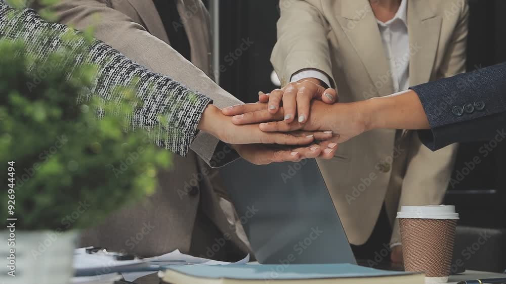 Close up mixed race business people putting hands together, support and ...