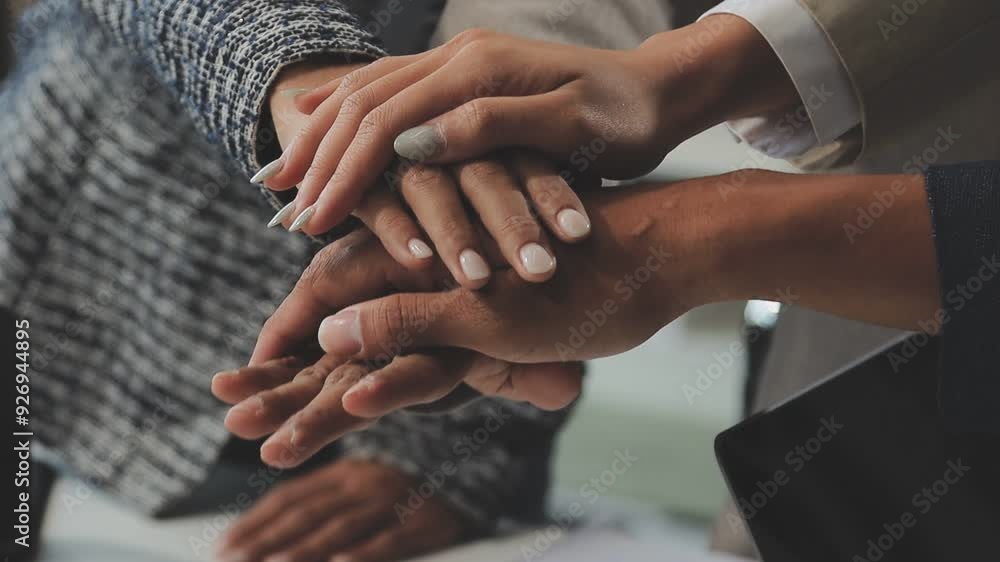Close up mixed race business people putting hands together, support and ...