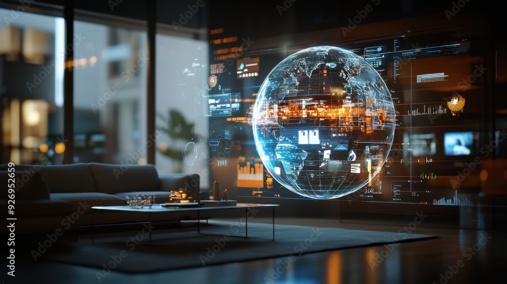 A high-tech living room where a holographic globe serves as the ...