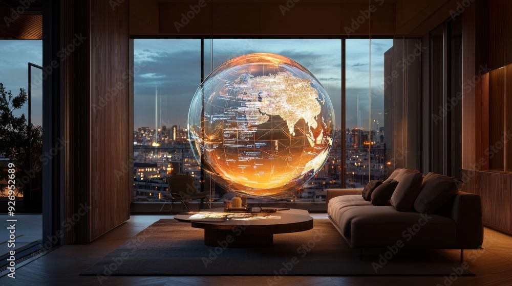 A high-tech living room where a holographic globe serves as the ...
