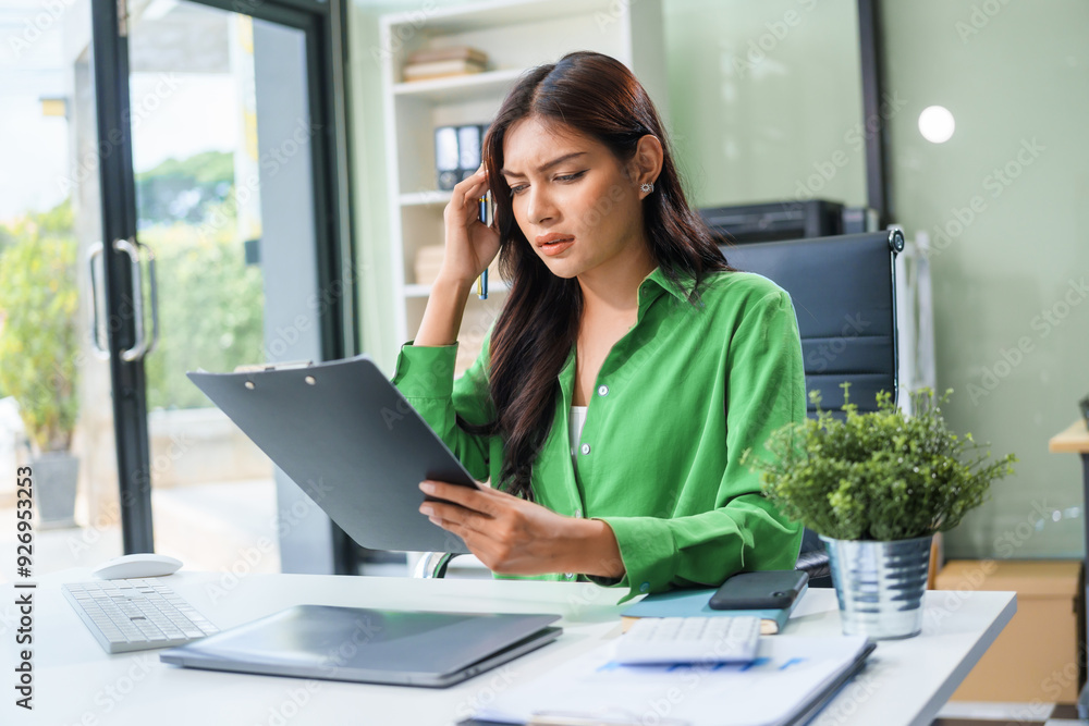 An Asian businesswoman sits at her office table, stressed and with a ...