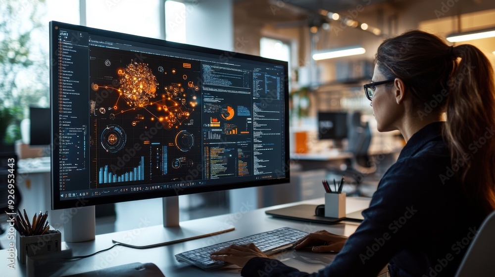 A professional workspace featuring a high-tech computer monitor ...