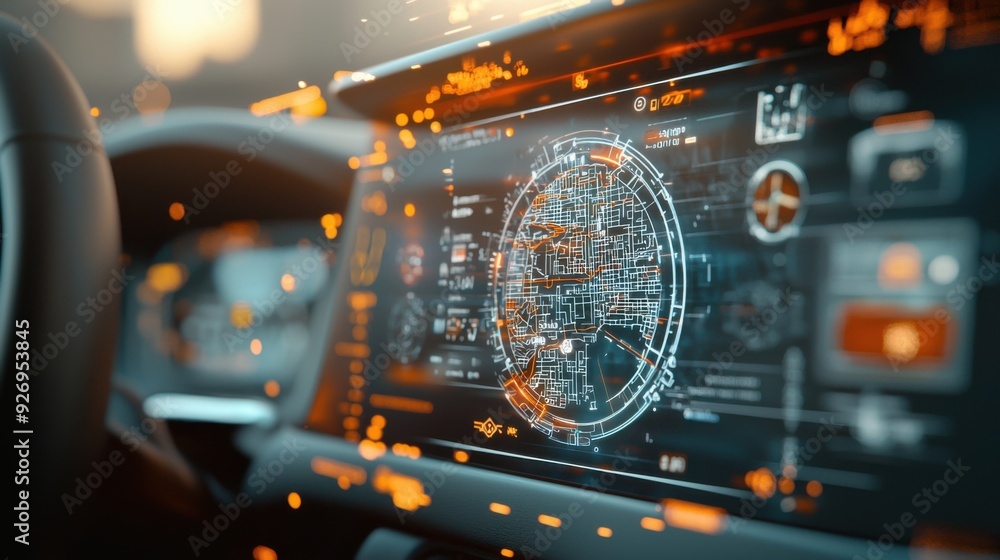 Hologram 3D image of a car radio unit with a GPS display on the screen, featuring a futuristic ...