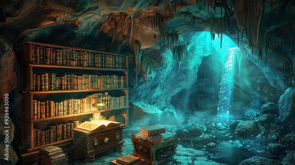 A magical cave library with a waterfall, a bookshelf filled with books ...