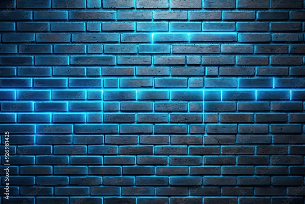 Brick wall background with blue neon light shining at a tilted angle ...