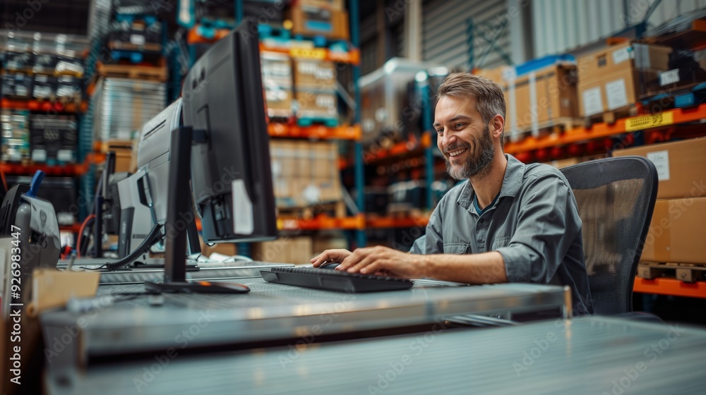 technician using his computer at a desk in a warehouse ภาพถ่ายสต็อก ...