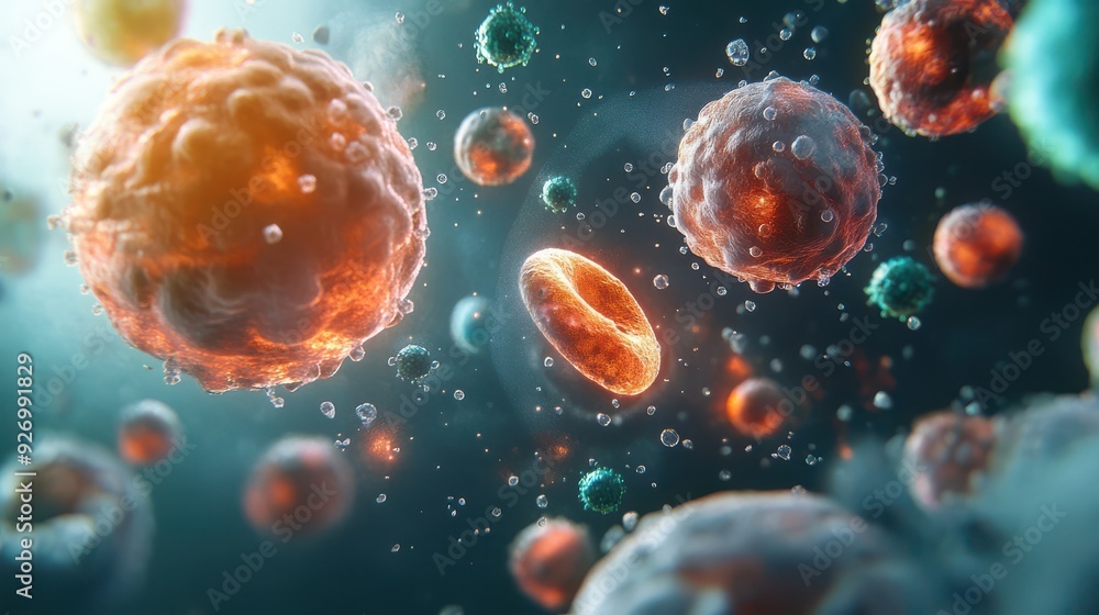 High-resolution photorealistic view of diseased cells from an organism ...