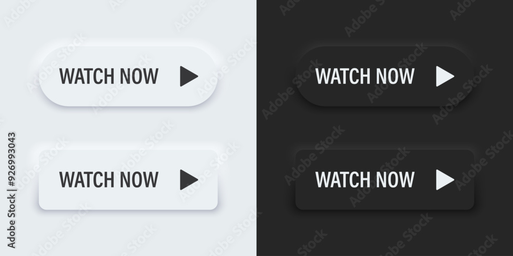 Watch now icon. A set of buttons with Watch Now symbols. 3d Neumorphism ...