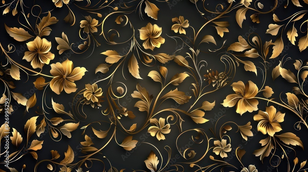 High-resolution gold leaf design pattern with floral elements and ...