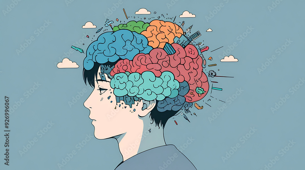 Mental Addiction and mind clutter with social concept of person's head ...