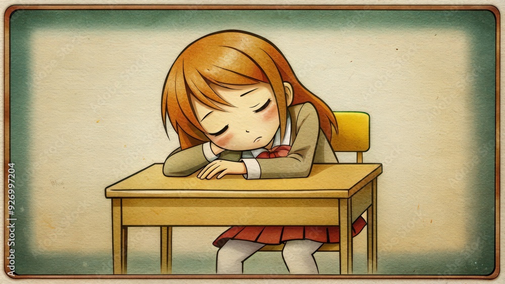 Anime Girl Sleeping on a Desk in a Classroom Stock Illustration | Adobe ...