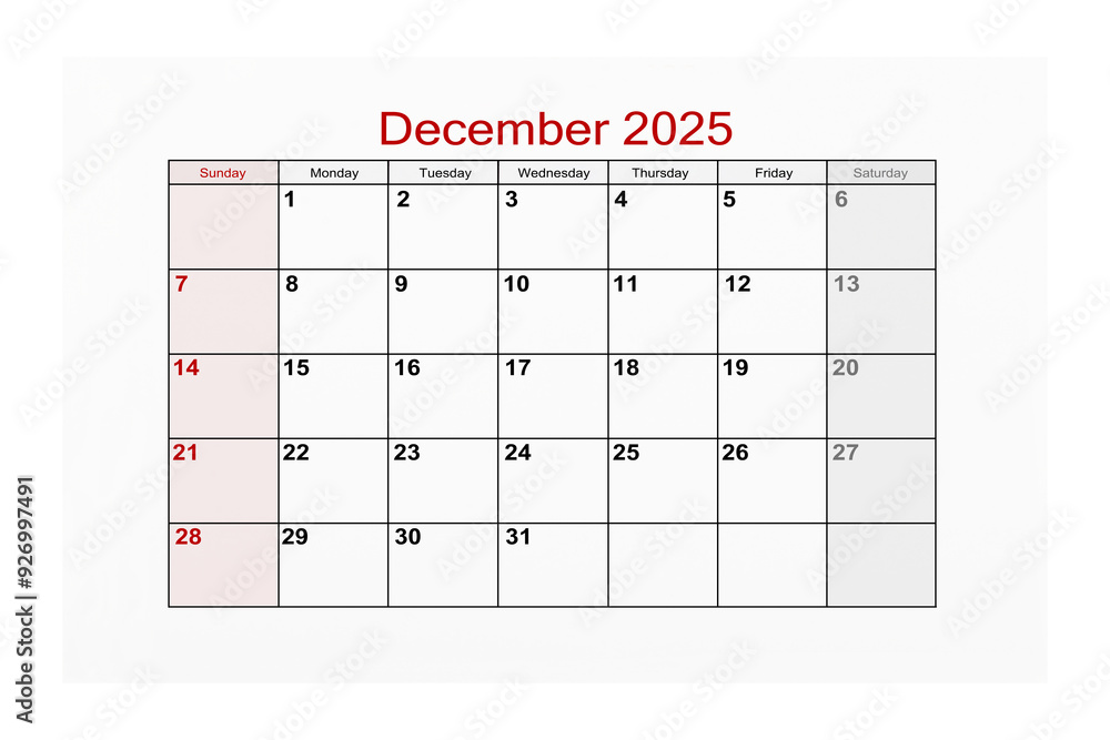December 2025 Calendar page for 2025 year isolated on white background ...