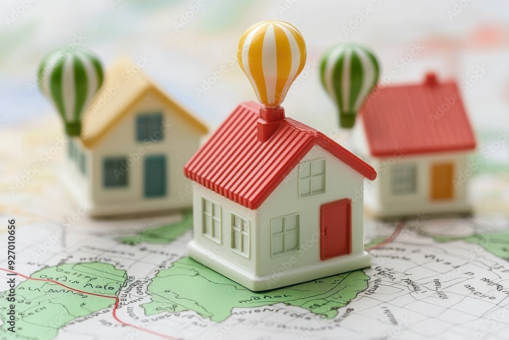 Miniature Houses with Hot Air Balloons on a Map Representing Real ...