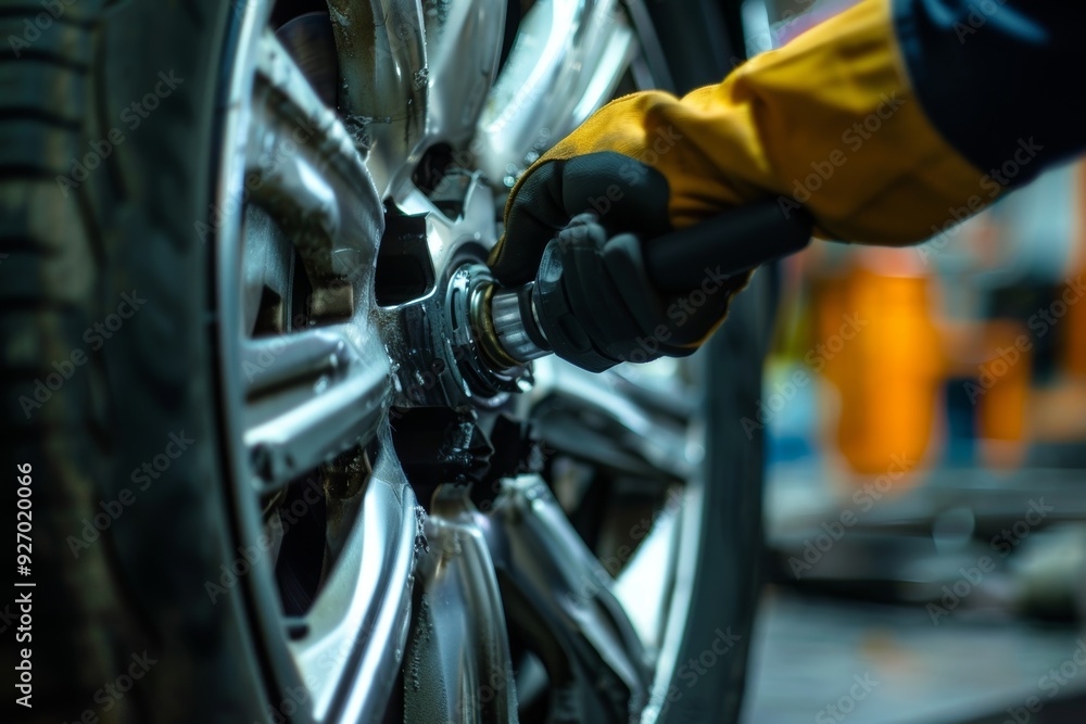 Mechanic Using Torque Wrench for Precision Tire Maintenance in Auto ...