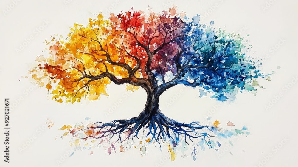 Watercolor tree with roots and branches intertwining, symbolizing deep ...
