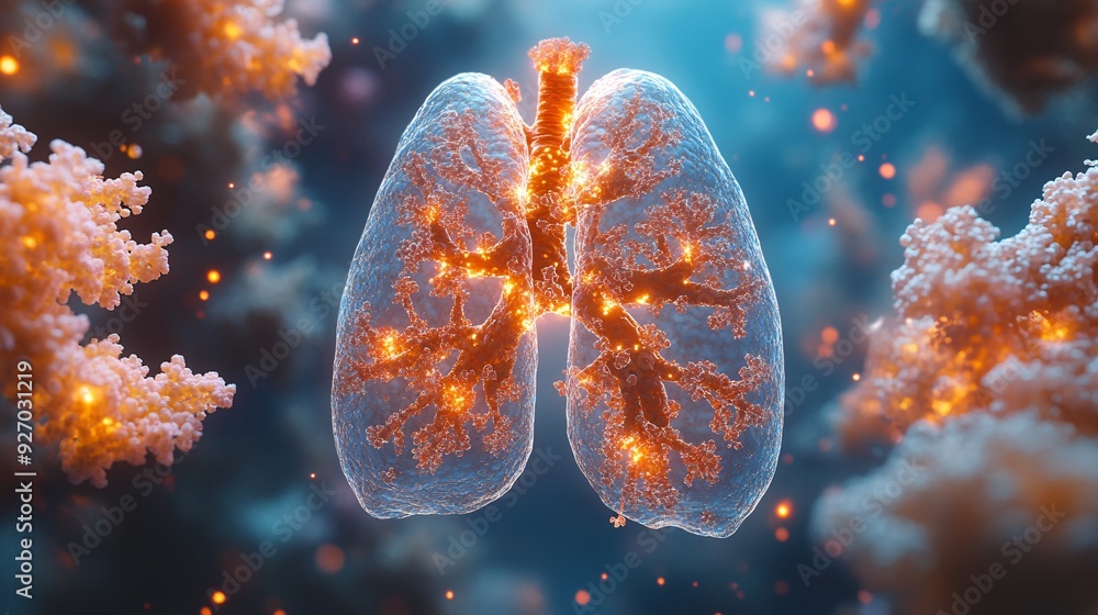 3D Human Lungs with Allergic Reaction: A detailed rendering showing the ...