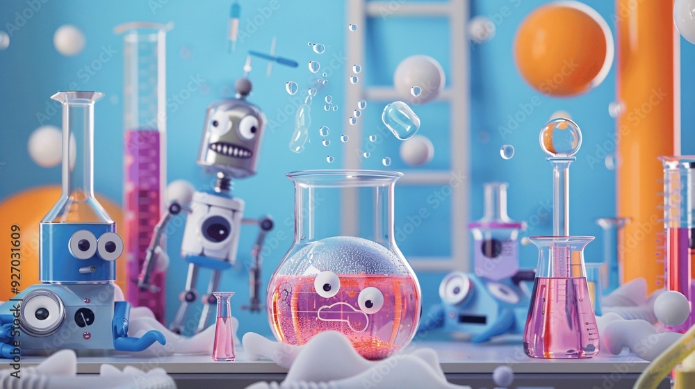Funny Science Lab with Bubbling Beaker and Robot Tangled in Test Tubes ...