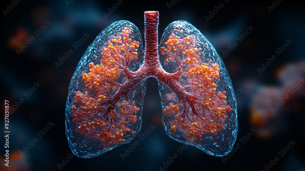 3D Lungs with Pulmonary Fibrosis: A detailed rendering showing the scarring and thickening of ...