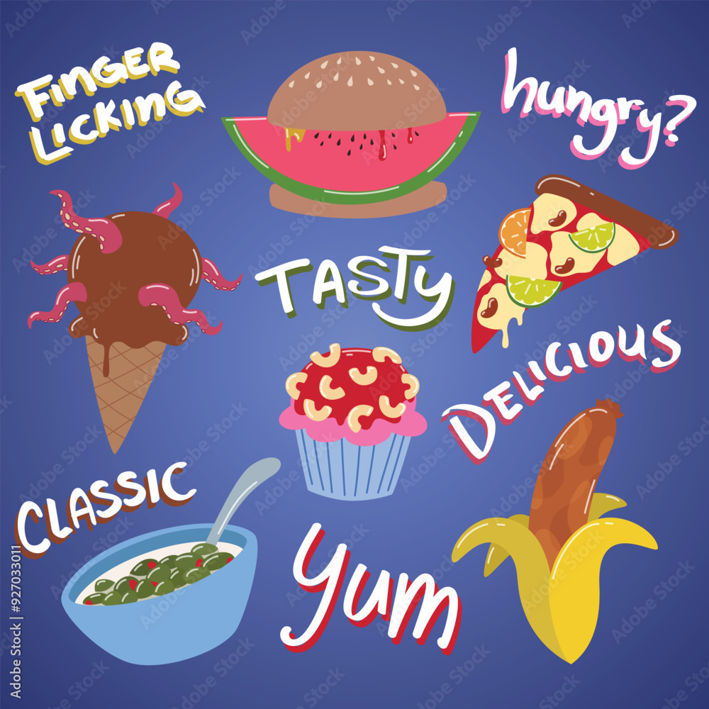 Funny illustration of weird offbeat foods. Weird crazy mismatched foods ...