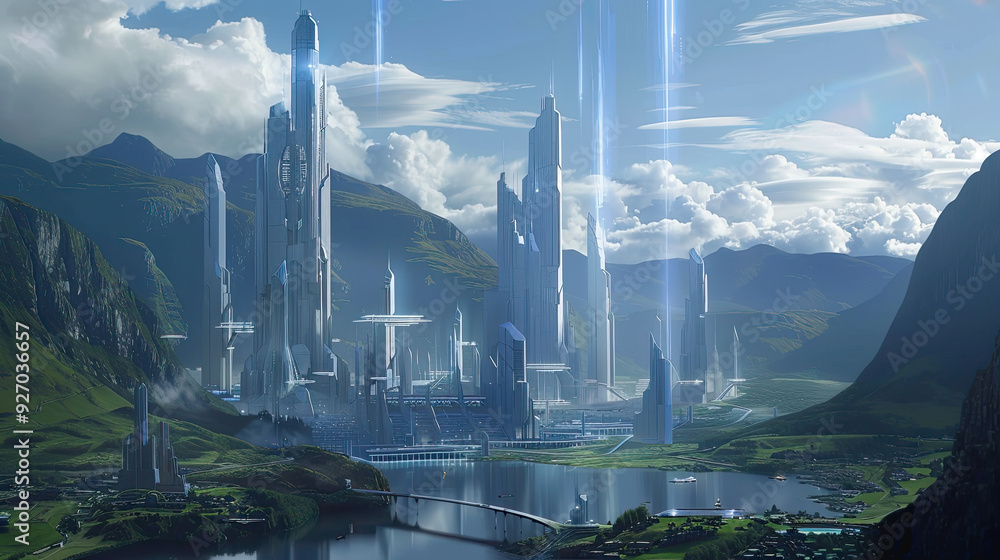 Futuristic cyberpunk megacity in Scottish Highlands. White and blue ...