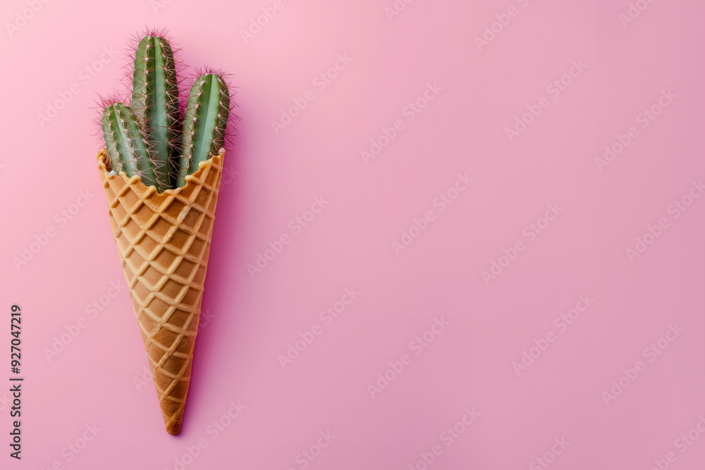 Cactus ice cream. Green cactus placed on a top of waffle cone. Minimal ...