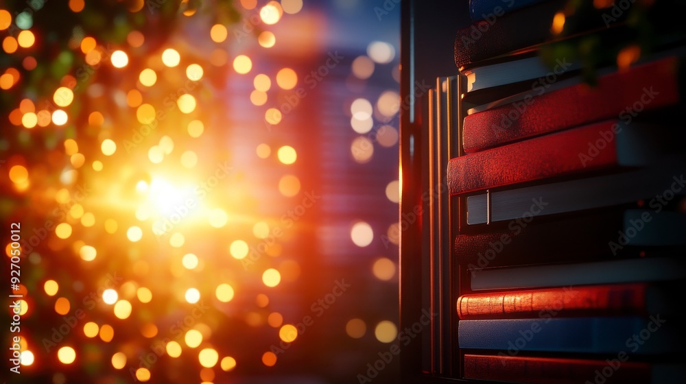 A stack of books with a magical glow emanating from behind them. The ...