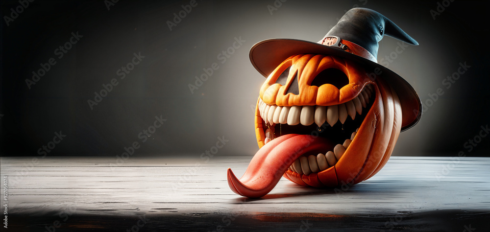 Calabaza de Halloween sacando la lengua con expresión terrorífica y ...
