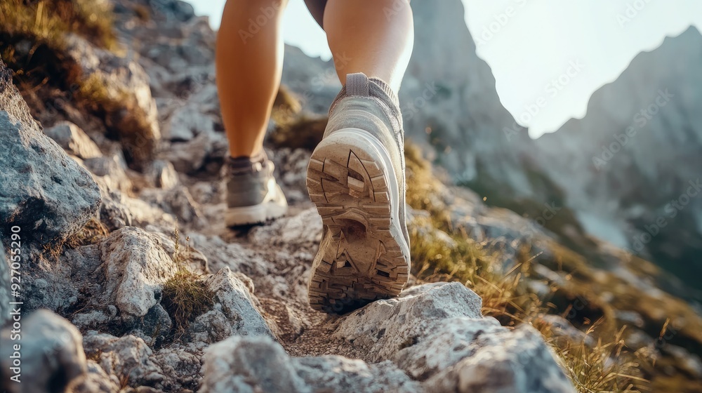 Female legs in hiking shoes, moving up a steep mountain path, capturing ...