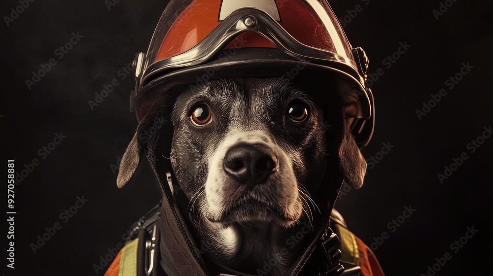 Portrait of a dog in a fireman uniform, complete with helmet, combining ...