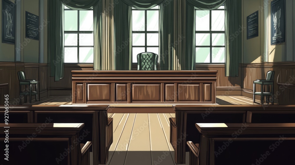 Quiet courtroom interior, with a view of the judge seat, witness stand ...