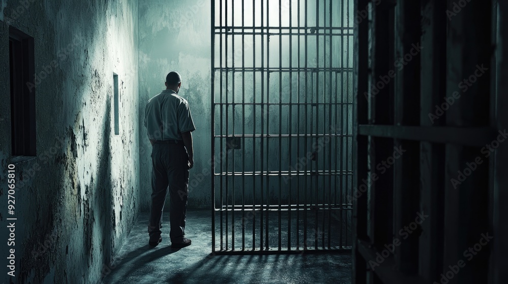 Side view of a prisoner standing behind bars in a jail cell, capturing ...
