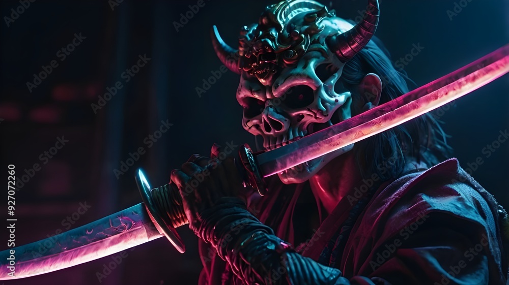 Japanese oni skull and synthwave katana sword, anime style, fantasy, Ai ...