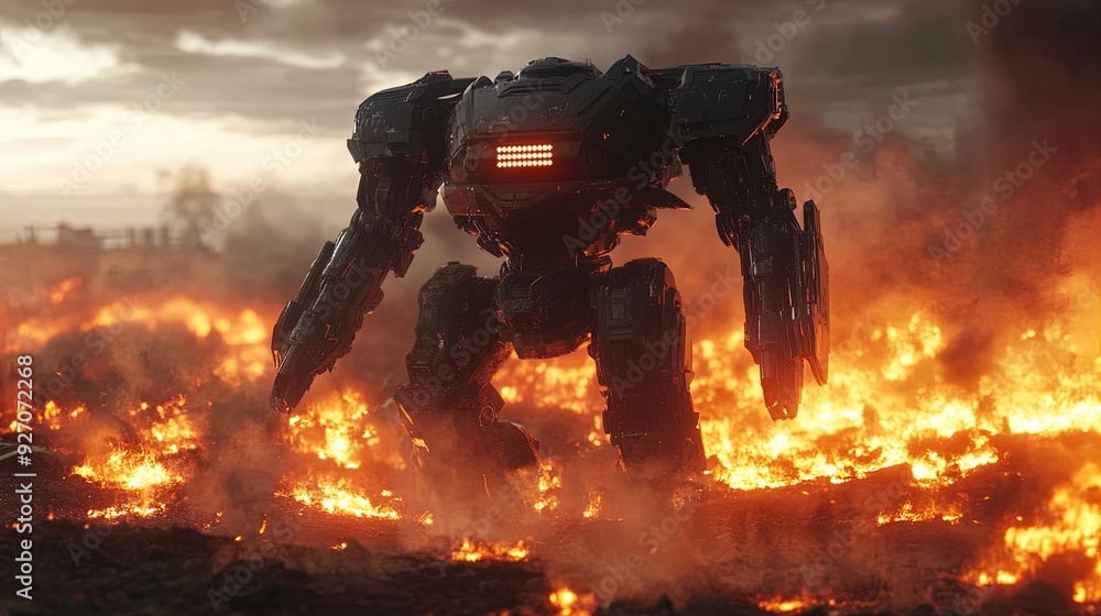 Futuristic Battle Robot: A Striking Poster for Sports Interiors, Showcasing Advanced Weaponry ...