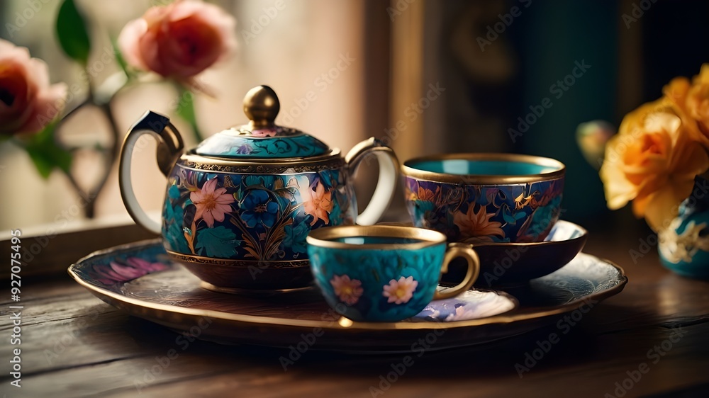 A unique and diverse tea set, featuring intricate floral designs and a ...