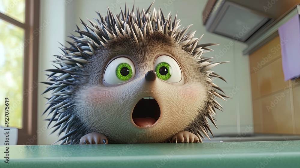 Surprised Animated Hedgehog with Spiky Fur and Green Eyes Peeking from ...