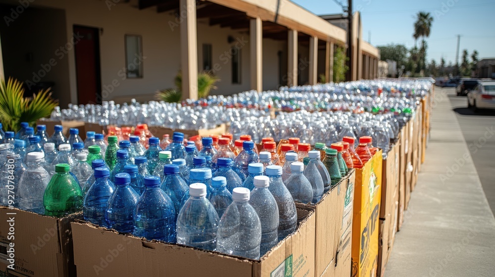 Boxes of plastic bottles being carried to a recycling center ...