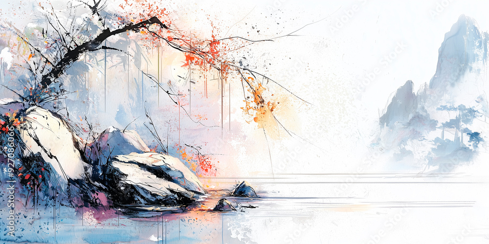 Traditional eastern art. Ink painting. Zen. ancient scroll. Fantasy ...