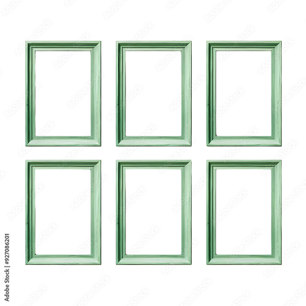 Six empty green picture frames arranged in two rows of three on a black ...
